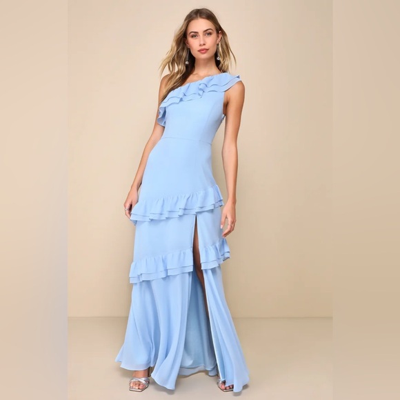 Lulus | Dresses | Brilliant Grace Light Blue Ruffled Oneshoulder Maxi ...
